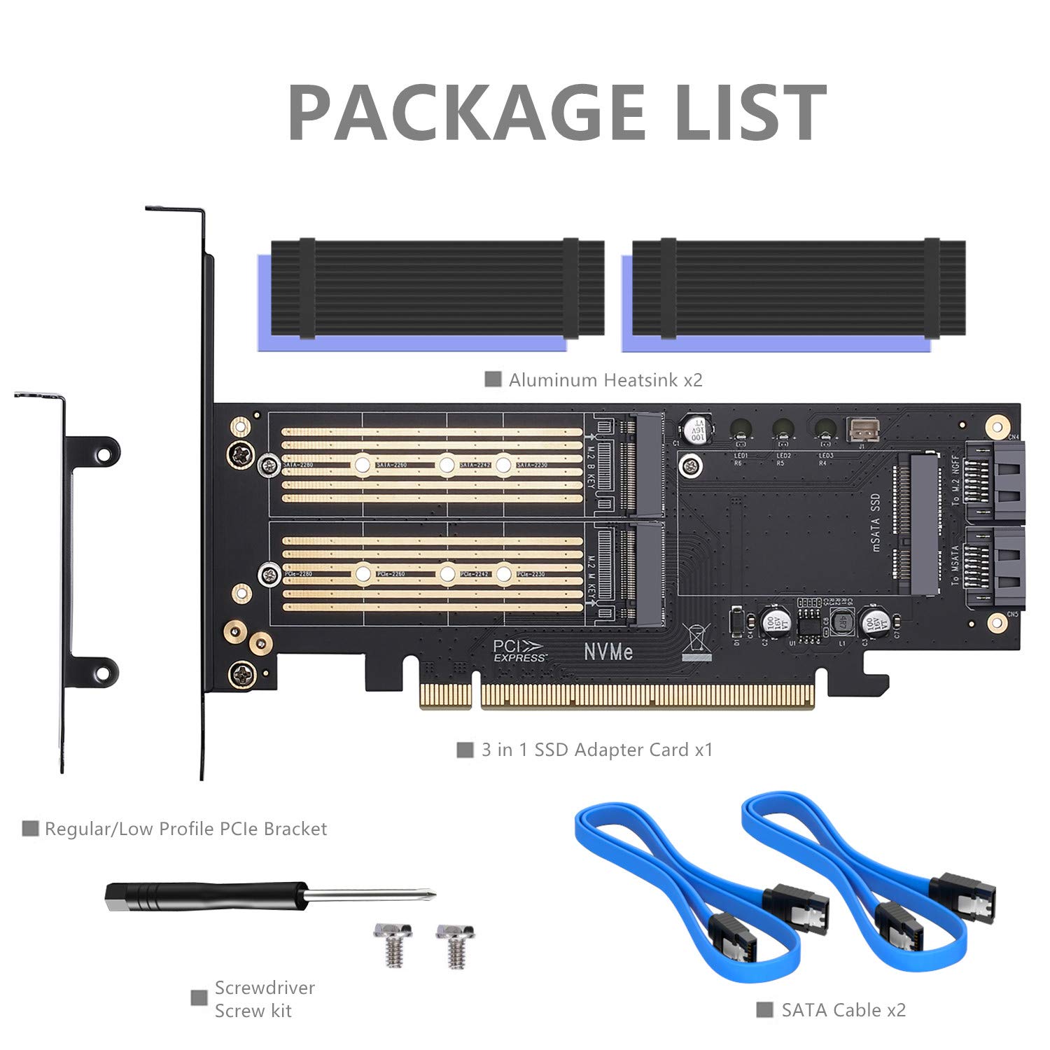 3 in 1 M.2 and mSATA SSD Adapter Card for M.2 NVME to PCIE Adapter,M.2 SATA SSD to SATA III Adapter,mSATA to SATA Adapter (with 2 Aluminum Heatsink)