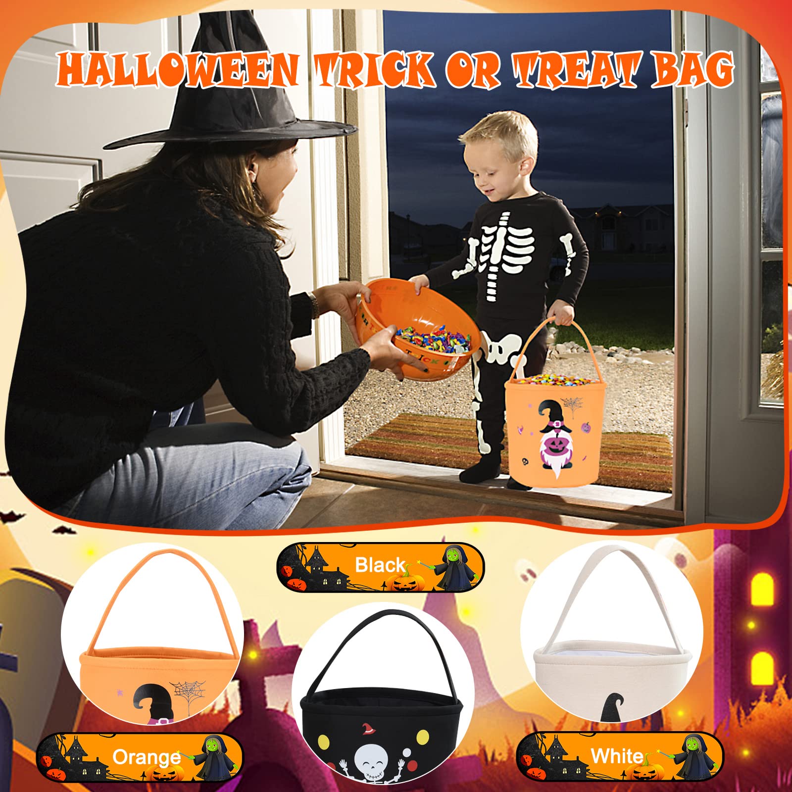3 Pack Halloween Trick or Treat Treating Buckets Candy Basket Tote Bag for Kids Cute Bags Gnomes