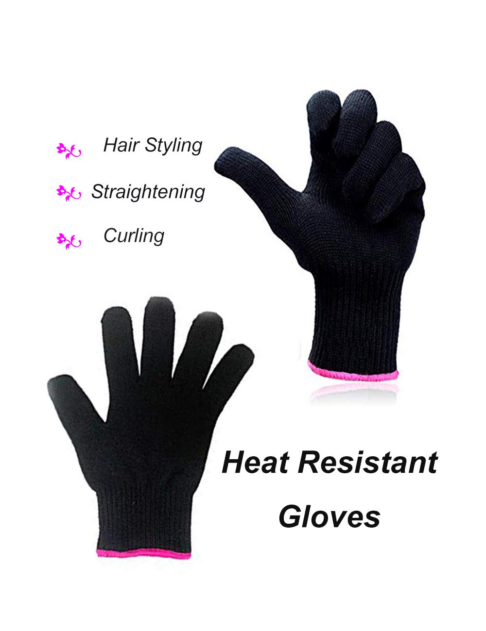 AFT90 2 Heat Resistant Glove for Hair Styling, Curling Iron, Flat Iron and Curling Wand, Black, Pink Edge