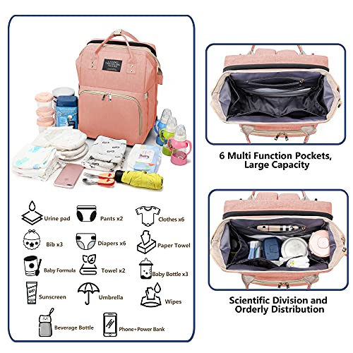 Lamroro Diaper Bag Backpack Foldable Baby Bed, Diaper Changing Station with USB Charging Port, Waterproof Multi-Functional Girl Boy Mom Travel Baby Diaper Bag, Large Capacity, Pink, 16.5x9x13 Inch