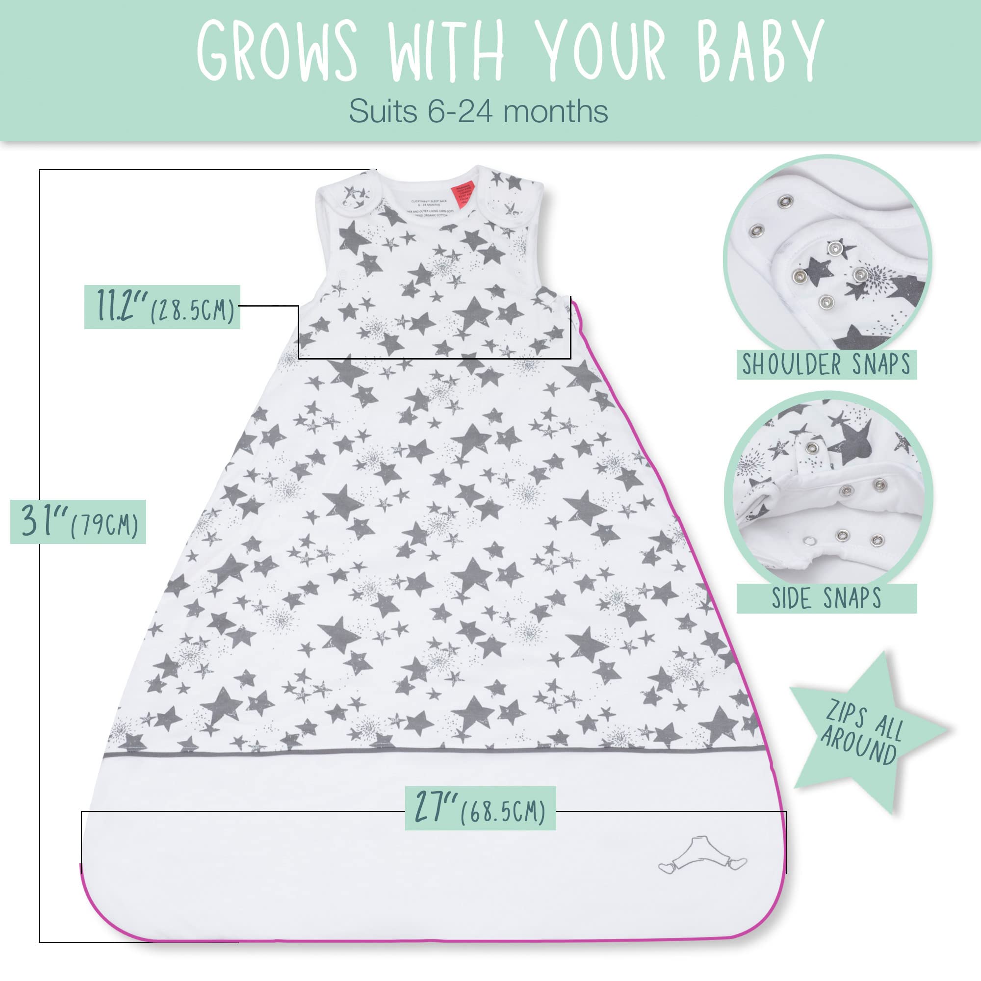 Baby Sleeping Sack, Organic Cotton, for 6-24 Months, Swaddle Transition Sleeping Bag, 2-Way Zipper, Warm - Soft Baby Wearable Blanket