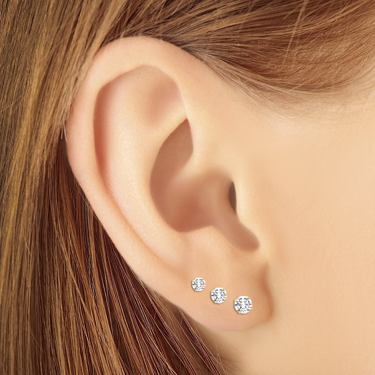 14k Gold Solitaire Round Cubic Zirconia Stud 3 Pair Earring Set (3mm, 4mm, 5mm) (yellow-gold)
