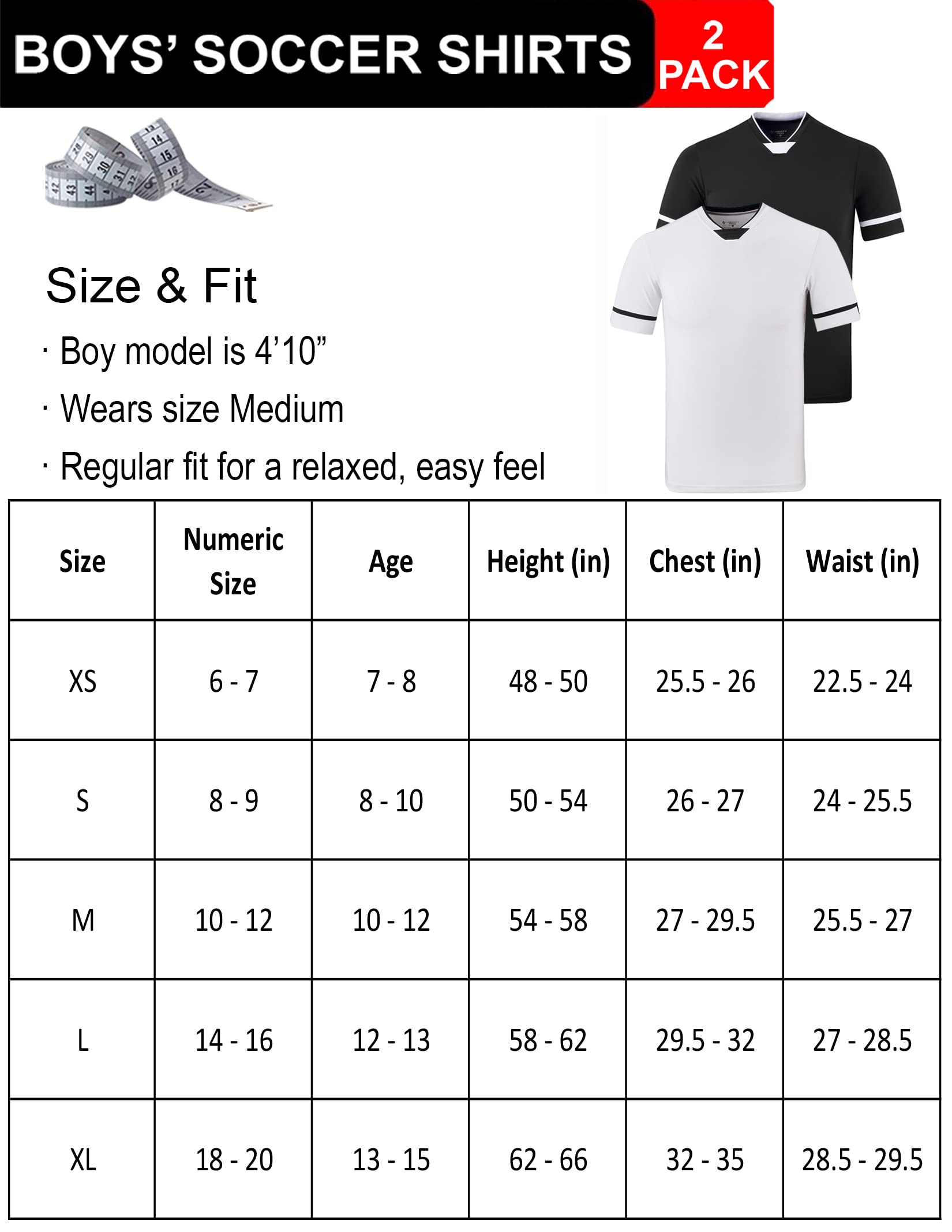 2 Pack Youth Boys' Soccer Jerseys, Black White Training Shirts for Kids, Dry Fit Athletic Performance Short Sleeve Tees (Medium)