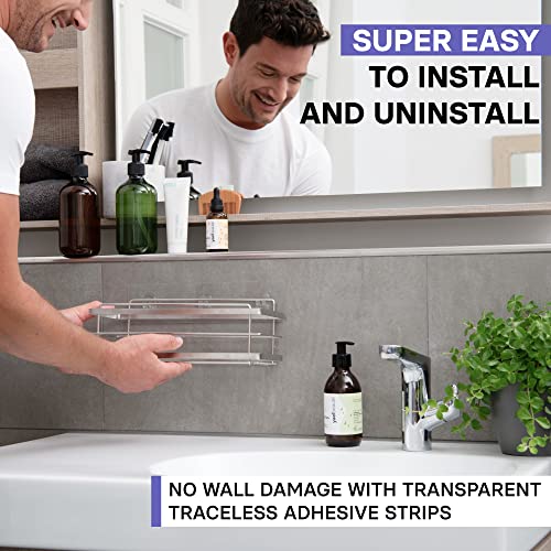 KINCMAX Shower Caddy Basket Shelf Pack of 2 - Adhesive Drill-Free Bathroom Organizer - Shower Storage Shelves for Inside Shower w/Hooks for Accessories (Silver)