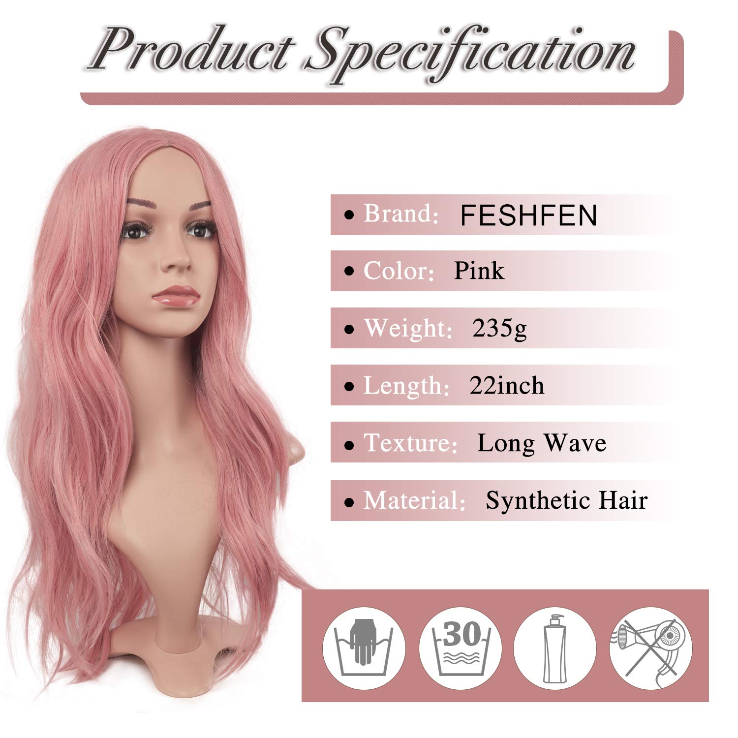 FESHFEN Long Pink Wigs for Women 22 inch Curly Wavy Full Wig Middle Parting Wigs Natural Looking Synthetic Wig Extensions for Daily Cosplay