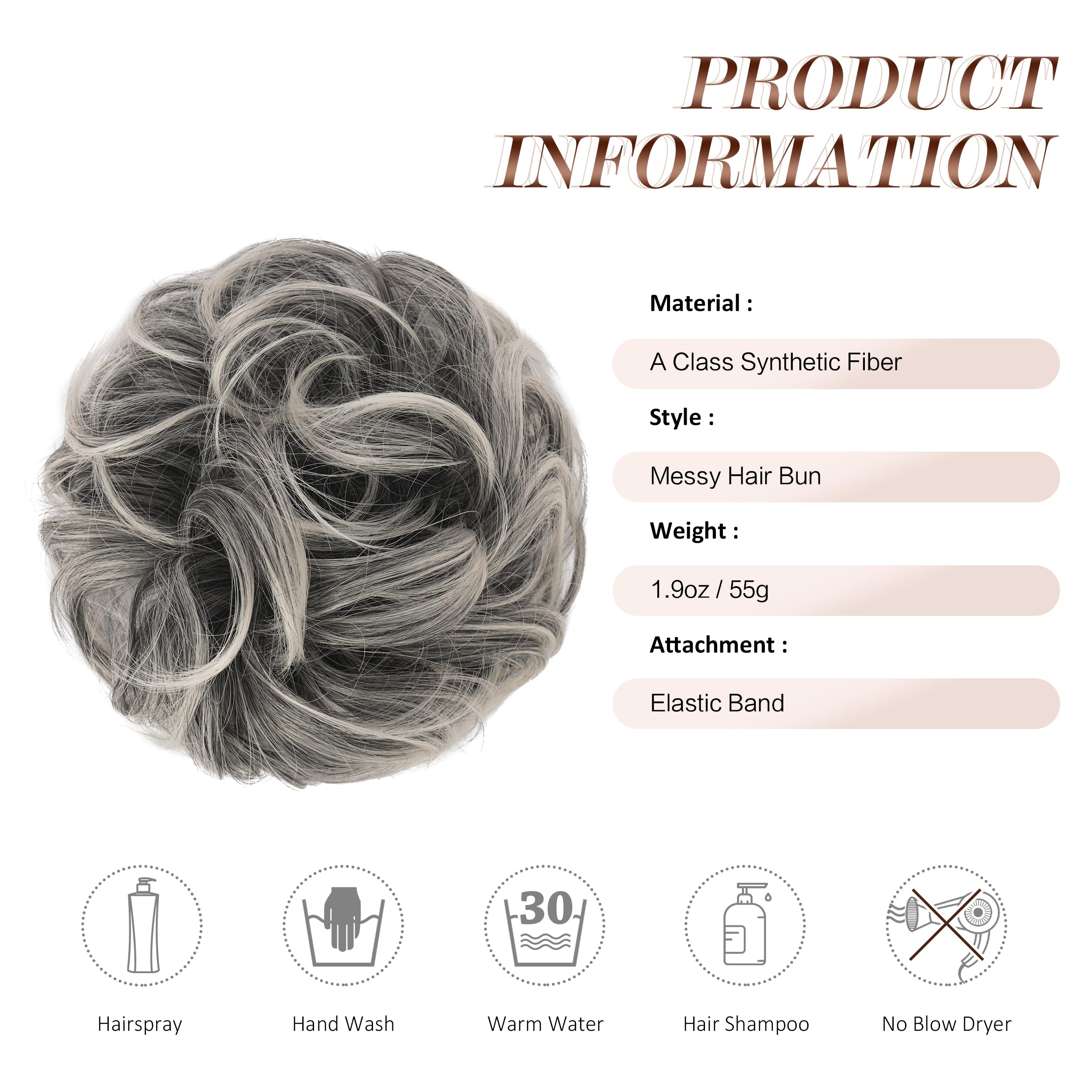 FESHFEN Messy Bun Hair Piece - Large Wavy Curly Elastic Hair Bun Scrunchies Ponytail Extensions Synthetic Chignon Hairpieces for Women, Gray and White Tips 1.94oz