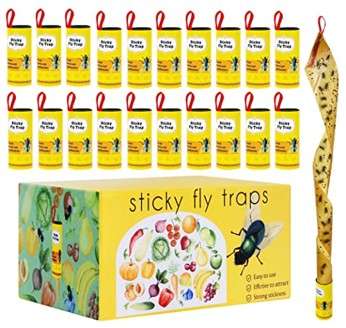 Dwcom 20PCS Sticky Fly Strips, Fly Paper Roll Hanging, Fly Tape Trap Ribbon, Gnat Mosquito Catcher Killer Indoor&Outdoor