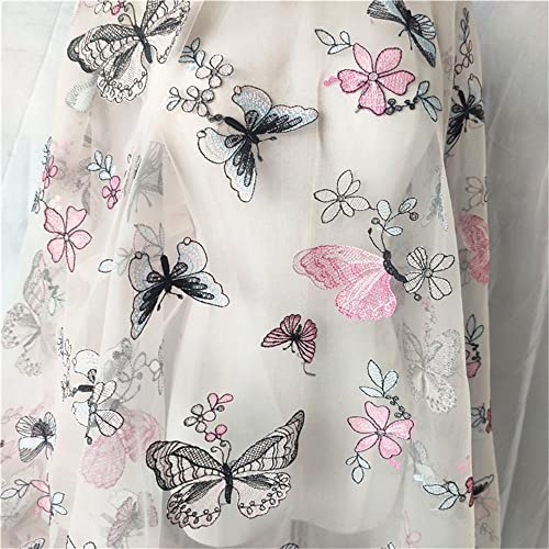 51" Width Colorful 3D Vivid Butterfly Lace Fabric Exquisite Flower Embroidery Soft Tulle Lace Fabric for Wedding Bridal Lace Dress Party Dress Home Decor (3 Yard, Pink)