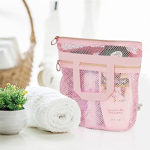 2 PCS Mesh Quick Dry Shower Caddy Bag, 10.2x9.9''Portable Shower Hanging Toiletry With Zipper, Shower Tote Bag For College Dorm Essentials, Shower Caddy Dorm For Travel Camp Gym Swim (Pink)