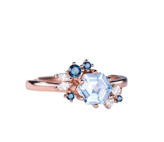 14k Solid Gold Hexagon Cut Aquamarine Ring For Women Hexagon Cluster Natural Blue Gemstone Ring With London Blue Topaz March Birthstone Ring (WHITE GOLD, 6)