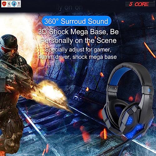 5 CORE Gaming Headset for PS4 PC One PS5 Console Controller, Noise Cancelling Microphone Over Ear Stereo Headphones with Mic, LED Light, Bass Surround, Earmuffs for Laptop Mac NES Games HDP GM1 B