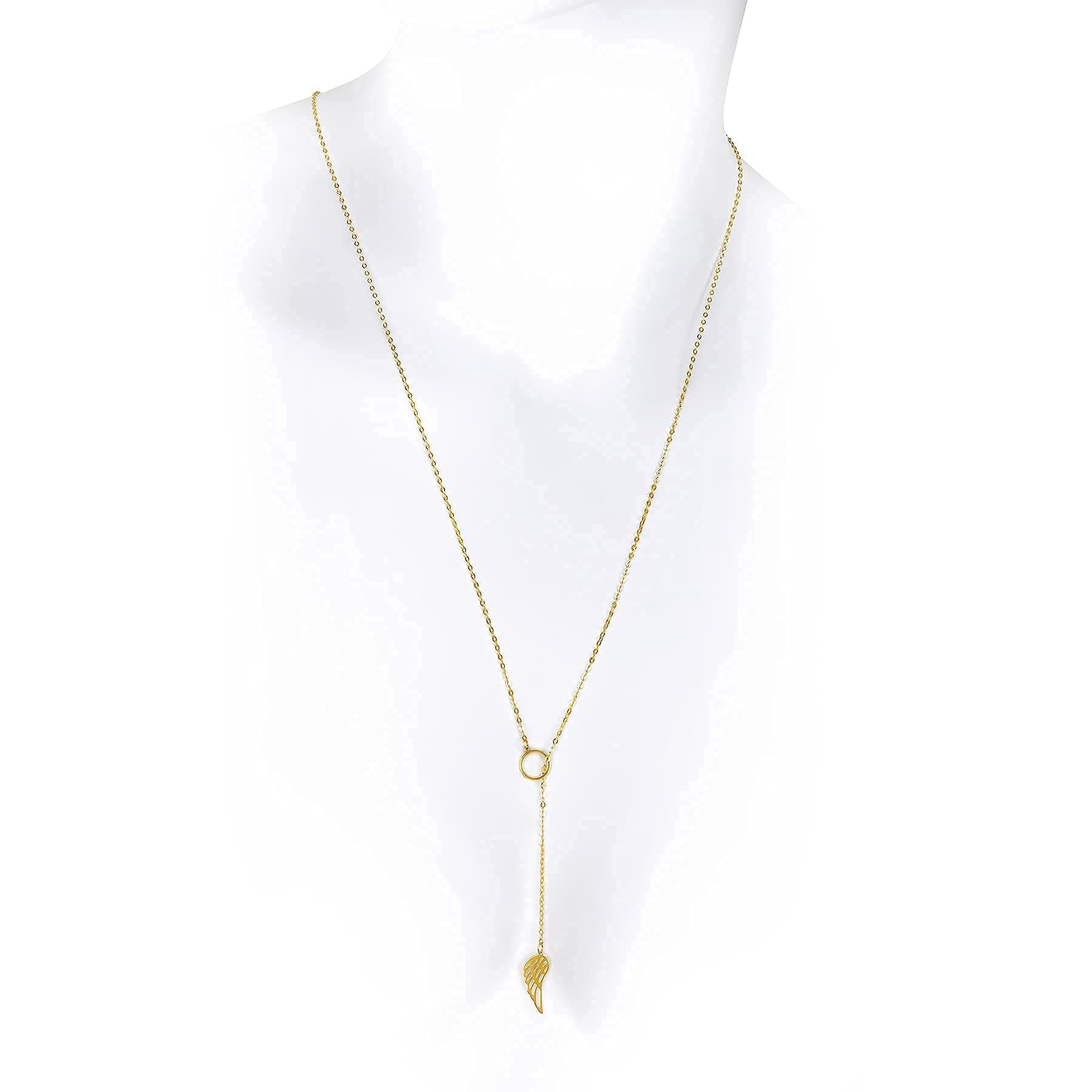14k Italian Solid Yellow Gold Lariat Y Drop Sliding Pendant Angel Wing Necklace, 28”