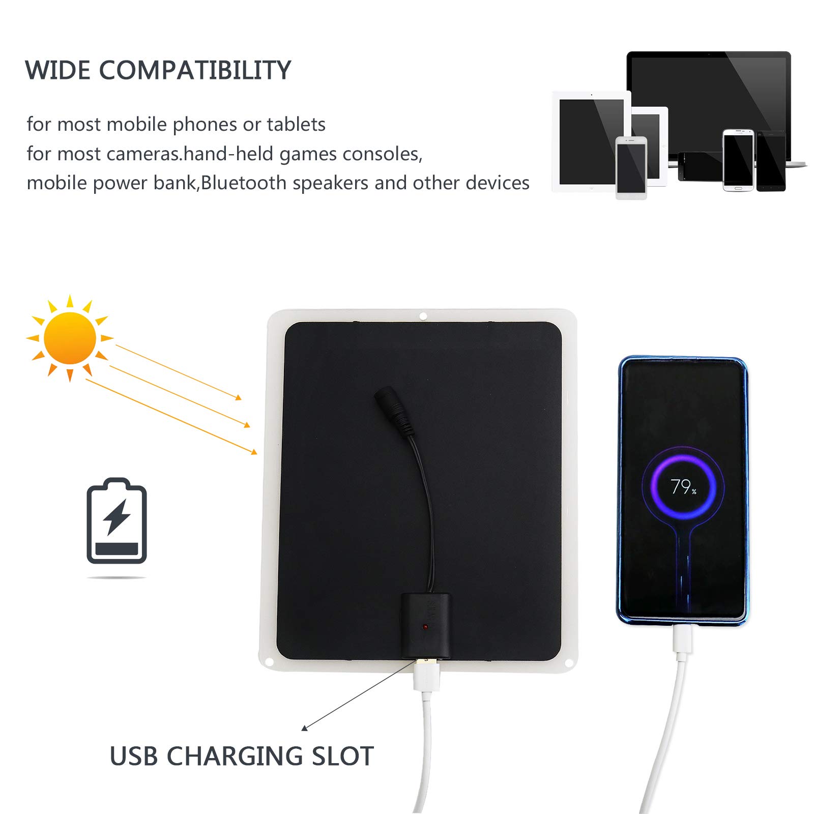 12V DC USB 5V Solar Car Battery Charger Portable SunPower Panel Trickle with Cigarette Lighter Plug Alligator Clip Cables USB Port Outdoor Travel Camping
