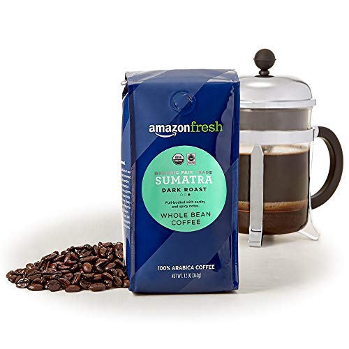 AmazonFresh Organic Fair Trade Sumatra Whole Bean Coffee, Dark Roast, 12 Ounce