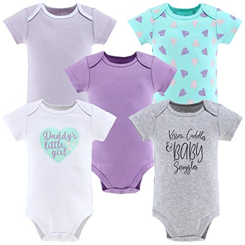 The Peanutshell Short Sleeve Baby Bodysuits Set for Baby Girls - Purple, Grey, Mint - 5 Pack Set (Newborn)