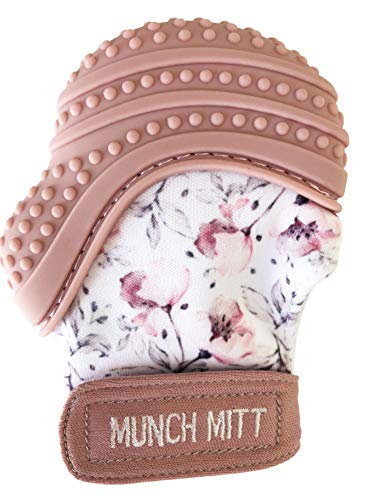 Malarkey Kids Munch Mitt 2-Pack | Baby Teething Mitten Protects Hands from Chewing & Saliva, Heals Aching Gums, Promotes Sound & Visual Stimulation for Babies (Spring Flower)