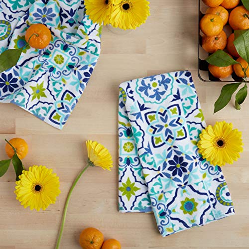 Fiesta Worn Tiles Kitchen Towels Set, Cotton, Multicolor/Blue/Yellow/Aqua, 2 Piece