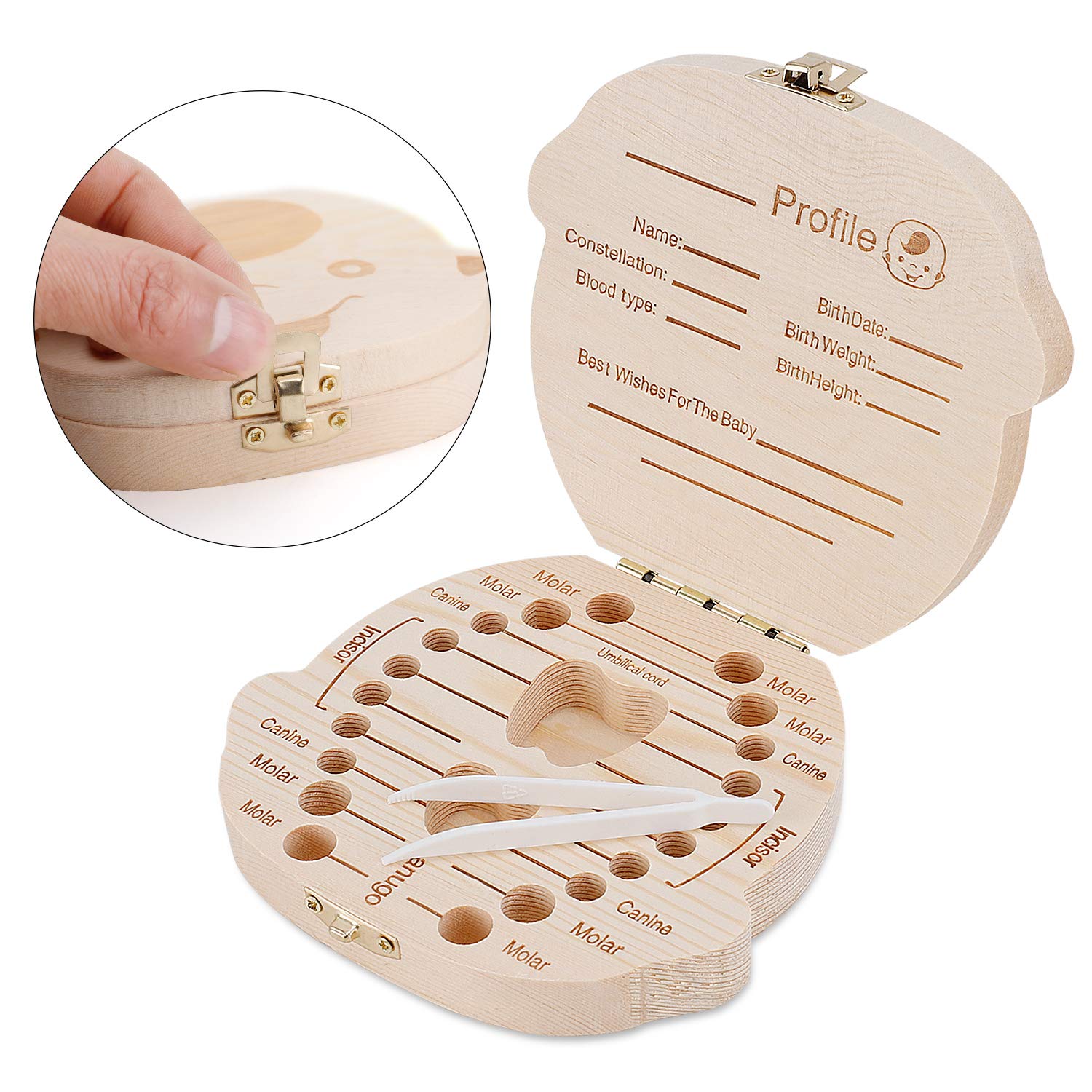 Baby Tooth Box by NASHRIO - Wooden Kids Keepsake Organizer Gift for Baby Teeth, Cute Children Tooth Container with Tweezers to Keep the Childwood Memory (Boy)