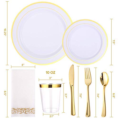 700 Count Gold Dinnerware Set-200 Plastic Plates- 300 Gold Plastic Silverware-100 Gold Plastic Cups-100 Disposable Hand Towel- Disposable Gold Dinnerware Set for Halloween, Christmas, Thanksgiving