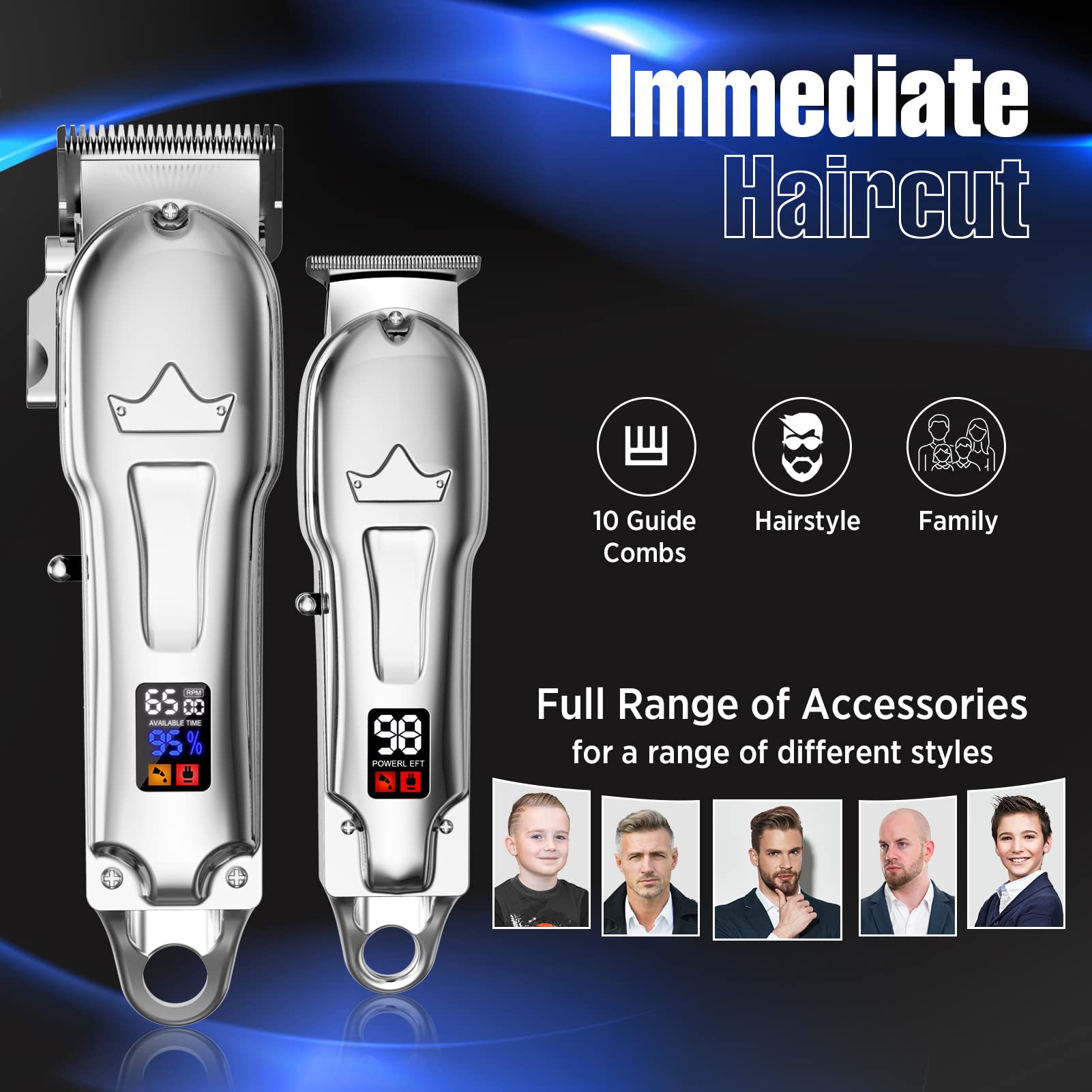 LURNOFY Hair Clippers for Men + T-Blade Trimmer Kit, Professional Edgers Barber Clippers Set Cordless Rechargeable Zero Gapped Beard Trimmer for Hair Cutting Grooming Kit with LED Display (Silver)