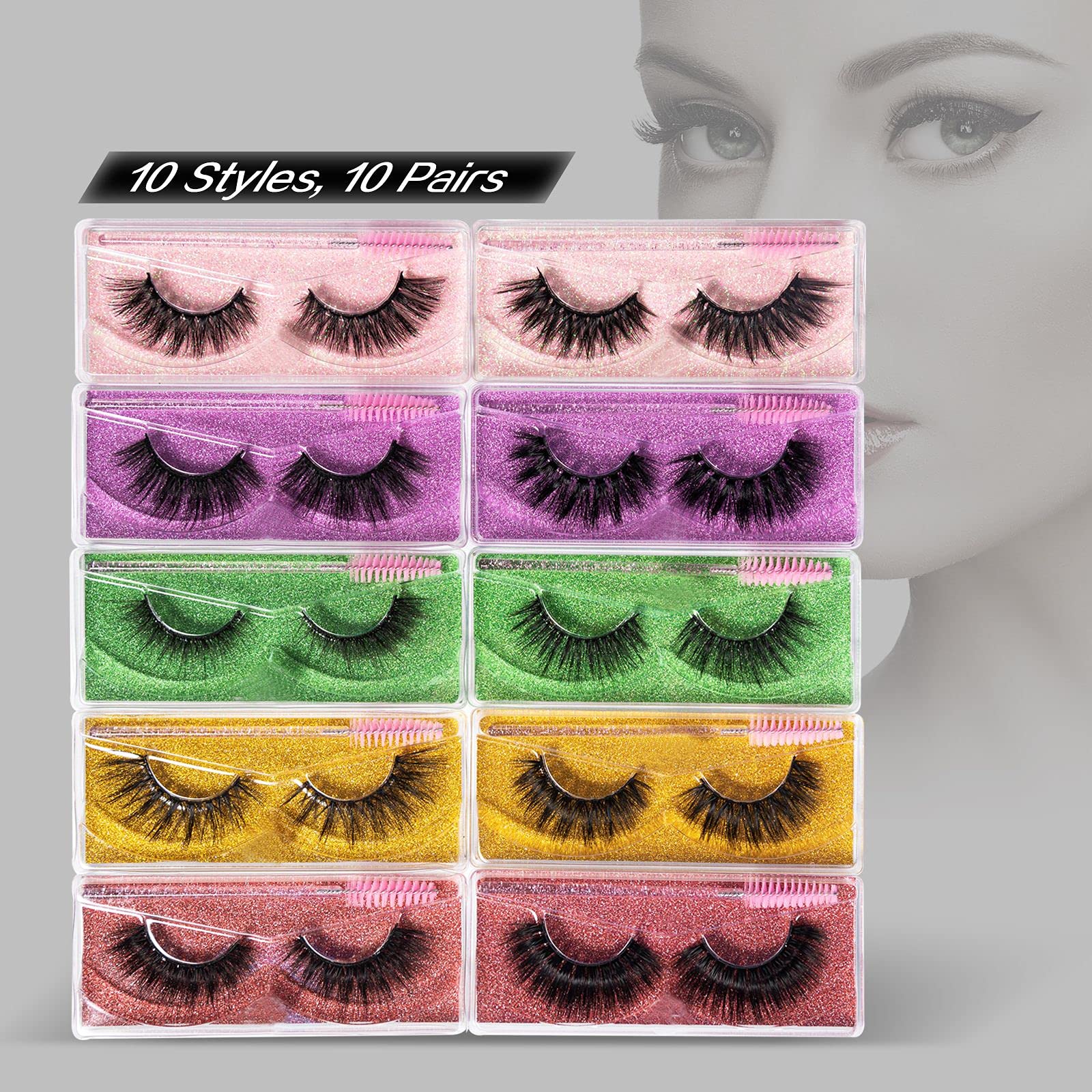 False Eyelashes Wispy 13 to15mm 3D Fluffy Eyelashes Wholesale - Pack 10 Pairs 10 Styles Mink Lashes Bulk -Lightweight Reusable Fake Mink Eyelashes -Natural Look Faux Lashes with Glitter Portable Box