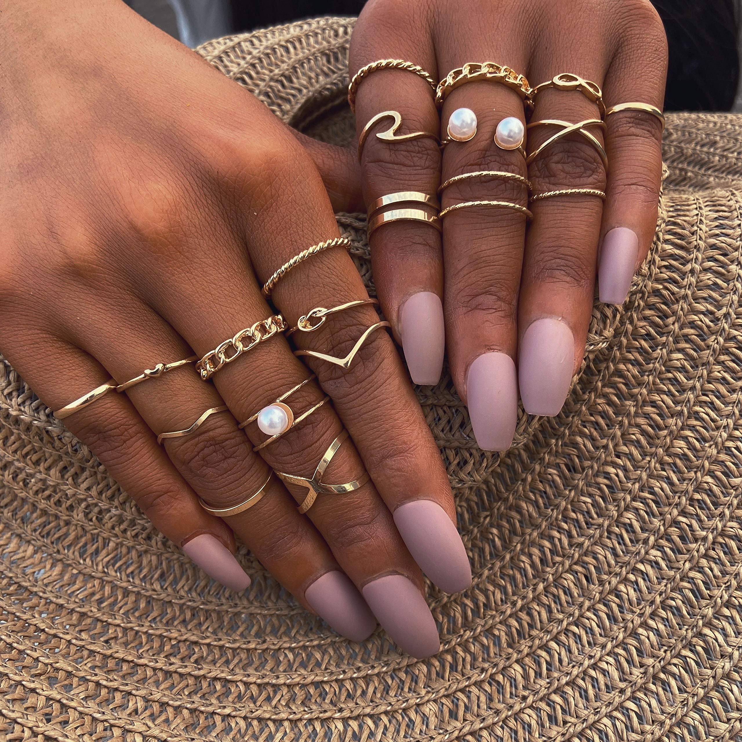 17 MILE 10 Pcs Gold Knuckle Stackable Rings Set for Women, Bohemian Gold/Silver Plated Comfort Fit Vintage VSCO Wave Joint Finger Rings Gift (Gold)