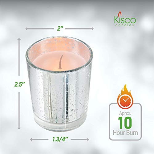 KISCO CANDLES Votive Candles with Holders 24-Pack 10 Hours | Silver Decorative Glass Home Décor | Beautiful Living Room, Kitchen, Bathroom Lighting | Long-Lasting Wax