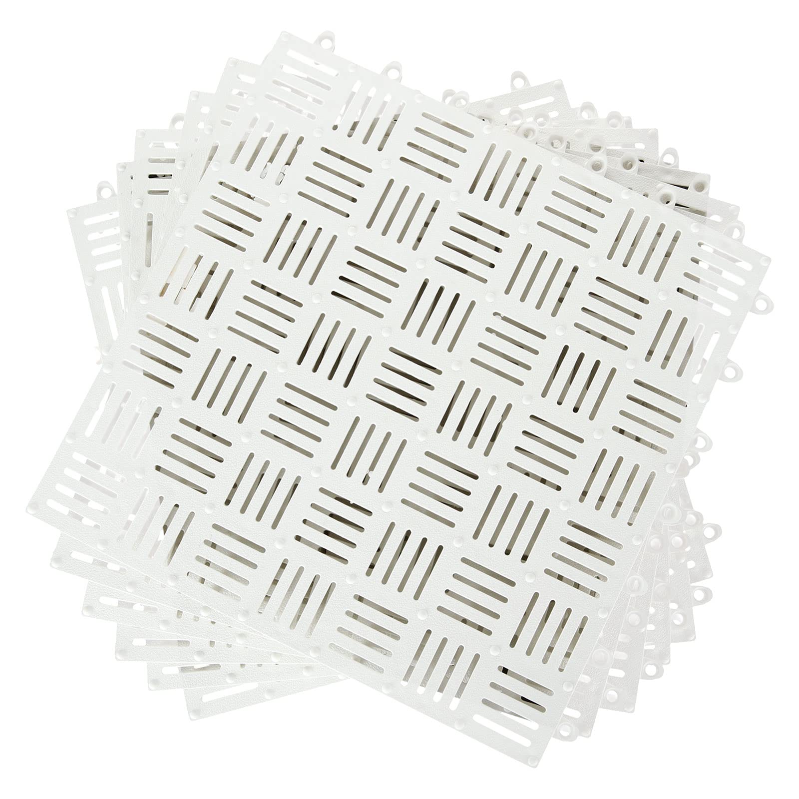 12x12 Inch Interlocking Soft PVC Flooring Tile, 12 Pack Non-Slip Splicing Modular Tile Shower Mat with Holes, Modular Interlocking Cushion for Locker Room Kitchen Basement Stairs, White