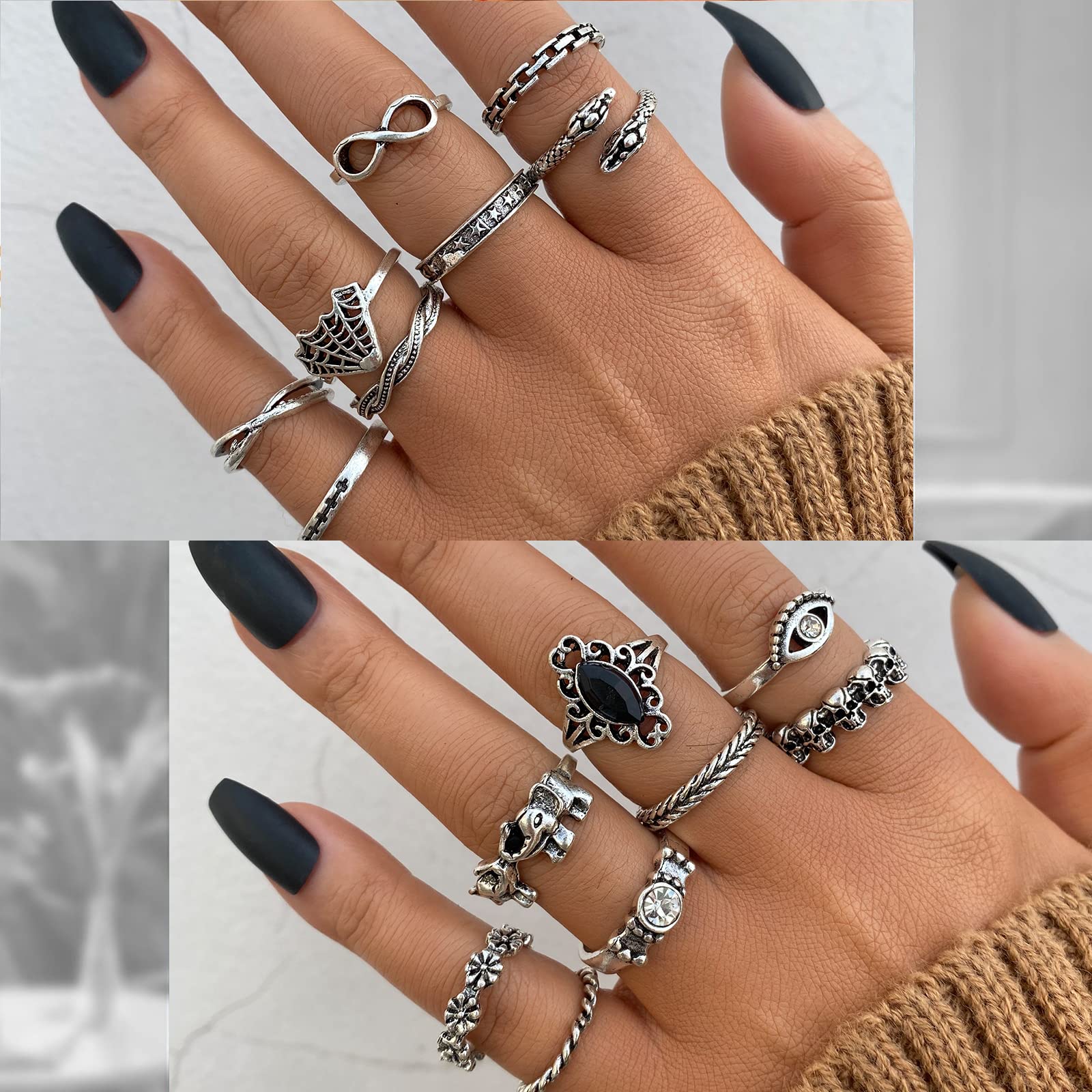 17 MILE Vintage Silver Rings Set for Women, Cool Gothic Ring, Stackable Joint Knuckle Rings, Retro Snake Chunky Punk Silver Rings Pack for Gift
