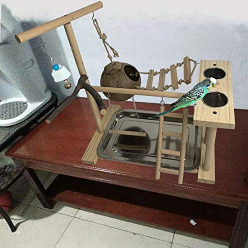 Hamiledyi Parrot Playground Bird Playstand Wood Perch Gym with Feeder Cups Toys Cockatiel Nest with Ladder for Conure Lovebirds