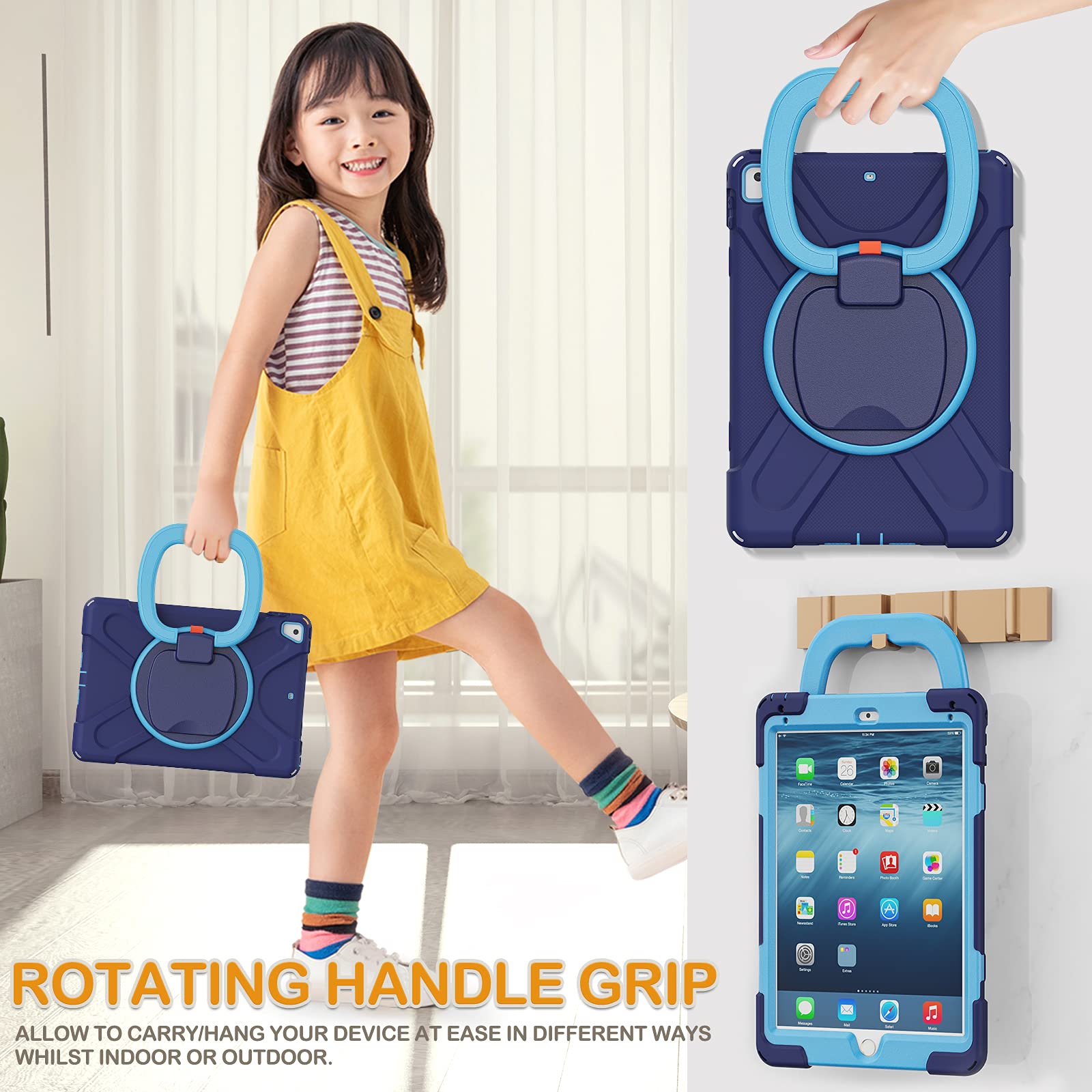 BRAECN Silicone Case for iPad 9.7 Inch 6th/5th Generation, iPad Pro 9.7, iPad Air 2, Triple Protected Rugged Cover with Stable Kickstand/Hand Grip/Pencil Holder/Shoulder Strap for Kids-Navy+Blue