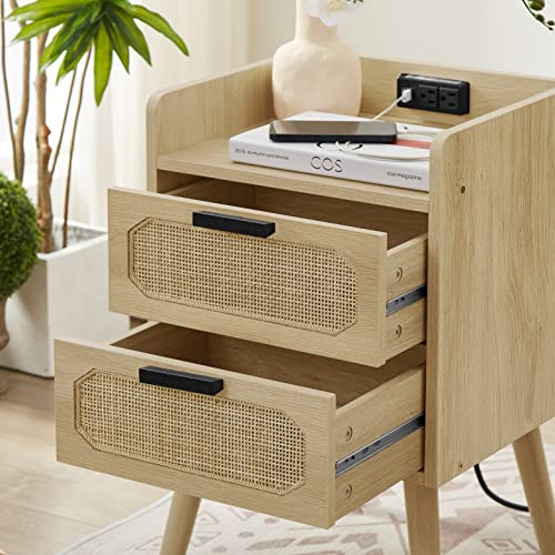 2 PC Nightstands with 2 Natural Rattan Decorated Drawers, Bedside End Table Side Table with 2 AC Outlets & 2 USB Ports, Solid Wood Legs & Particle Board Frame, Natural
