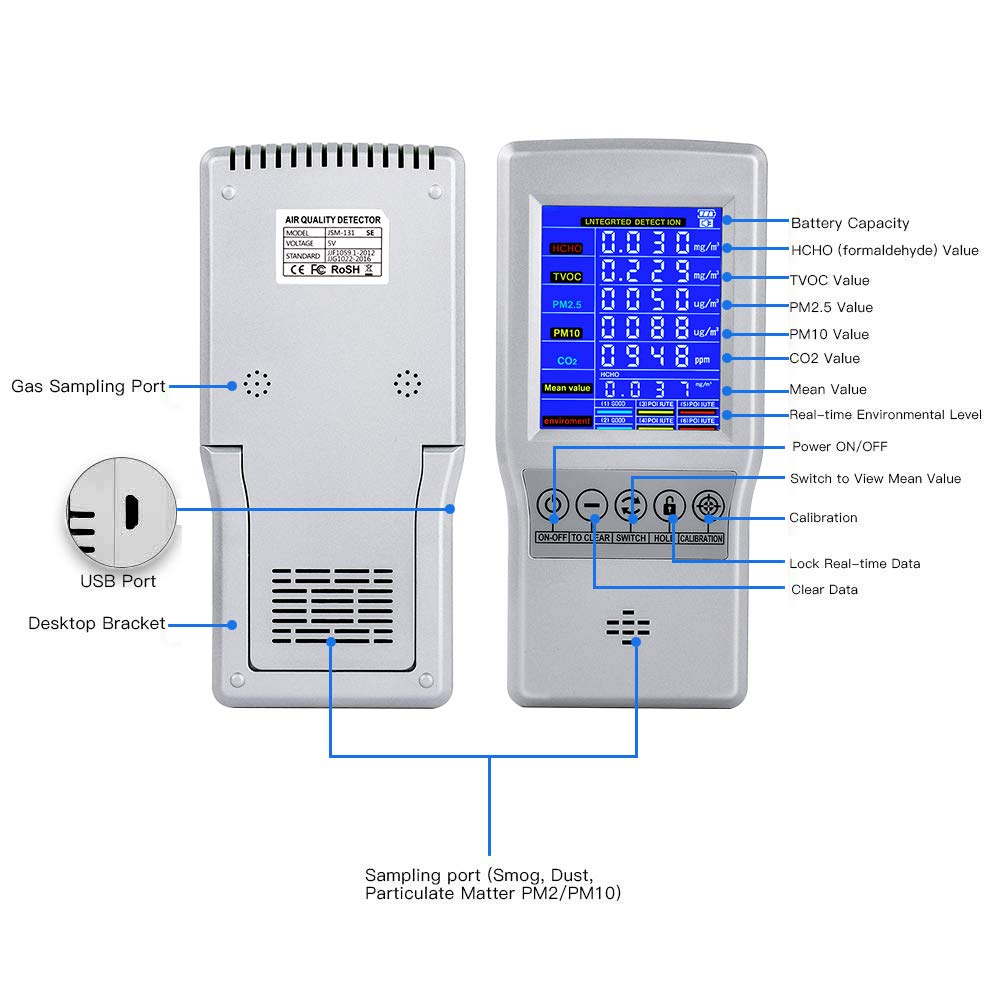 Air Quality Monitor BIAOLING Accurate Tester for CO2 Formaldehyde(HCHO) TVOC PM2.5/PM10 Multifunctional Air Gas Detector Real Time Data&Mean Value Recording for Home Office and Various Occasion