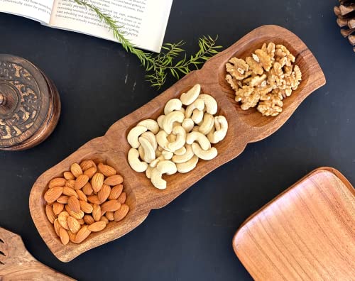 3 Compartment Acacia Wood Tray for Nuts, Candy, Snacks, Appetizers, Chips, Condiments, Crackers, Divided Serving Platter for Parties, Decorative Sectional Relish Tray for Christmas Holidays- 15''