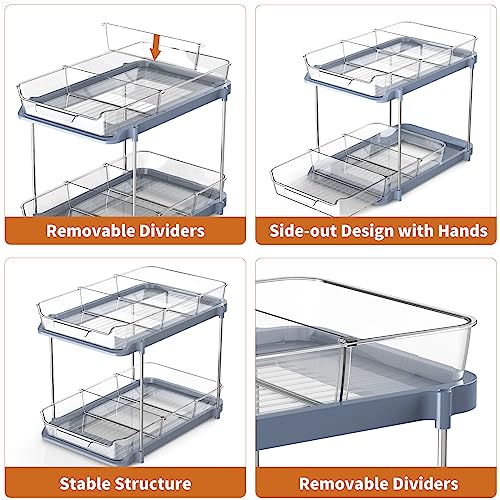 2 PCS Under Sink Organizers and Storage - 2 Tier Clear Bathroom Organizer Countertop, Multifunction Pull out Cabinet Organizer with 4 Movable Dividers, For Home, Kitchen, Office, Cabinet
