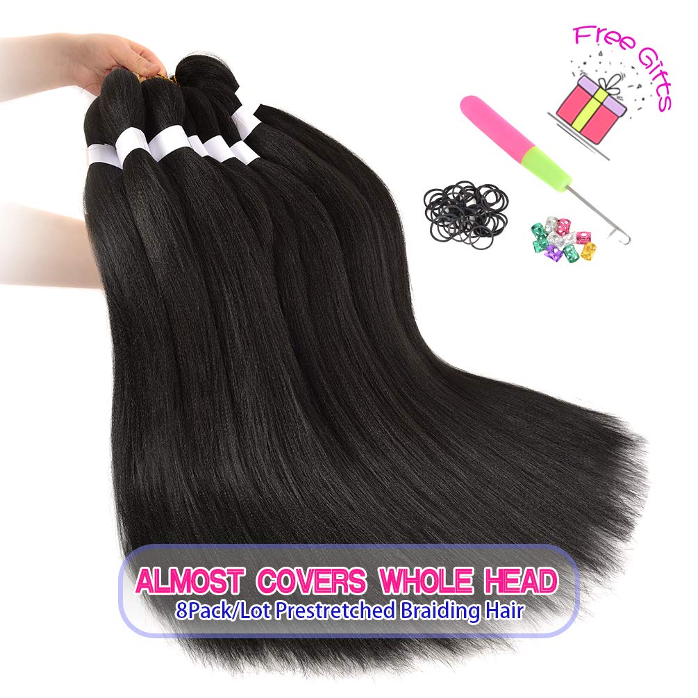 8 Pack Braiding Hair Pre Stretched - 26" 100G/Pack Premium Pre Stretched Braiding Hair Extensions, Professional Itch Free Hot Water Setting Perm Yaki Texture Prestretched Braiding Hair(1B)