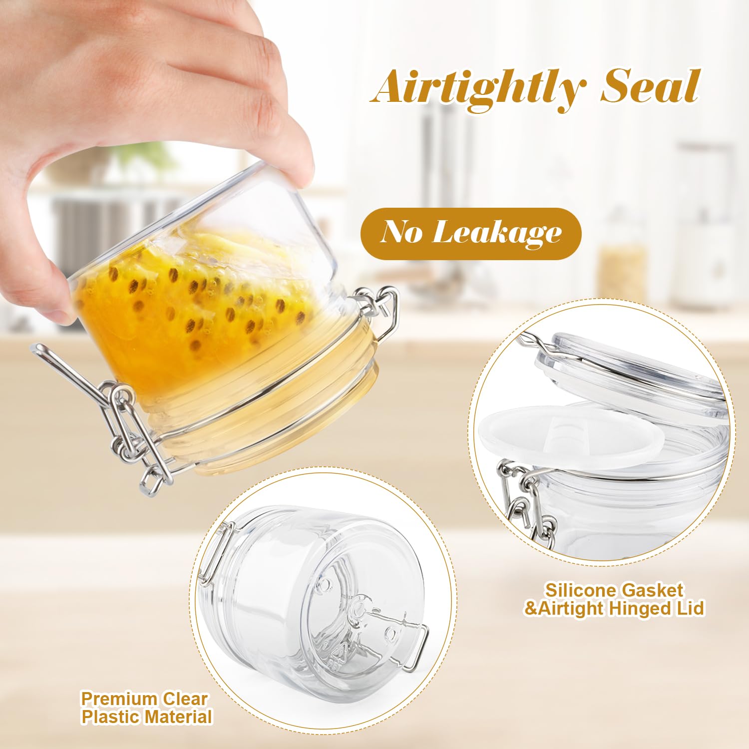 3 Pack 220ml/7.4oz Plastic Storage Jars Clear Bottles Wide Mouth Canning Jar Multi-Purpose Container with Lids&Inner Liners for Kitchen Home