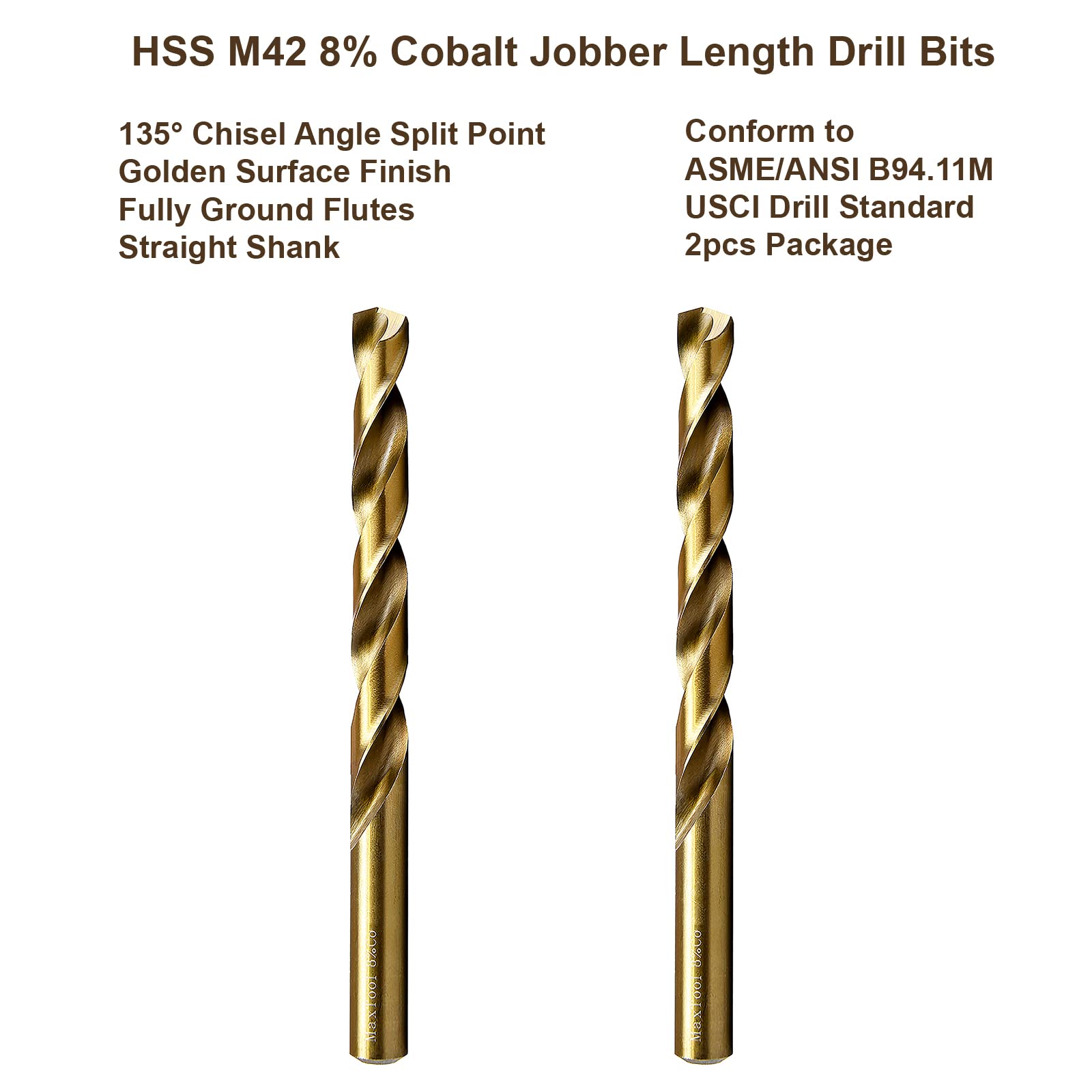MAXTOOL 15/64" 2pcs Identical Jobber Length Drills HSS M42 Twist Drill Bits 8% Cobalt Fully Ground Golden Straight Shank Drills; JBF42G10R15P2