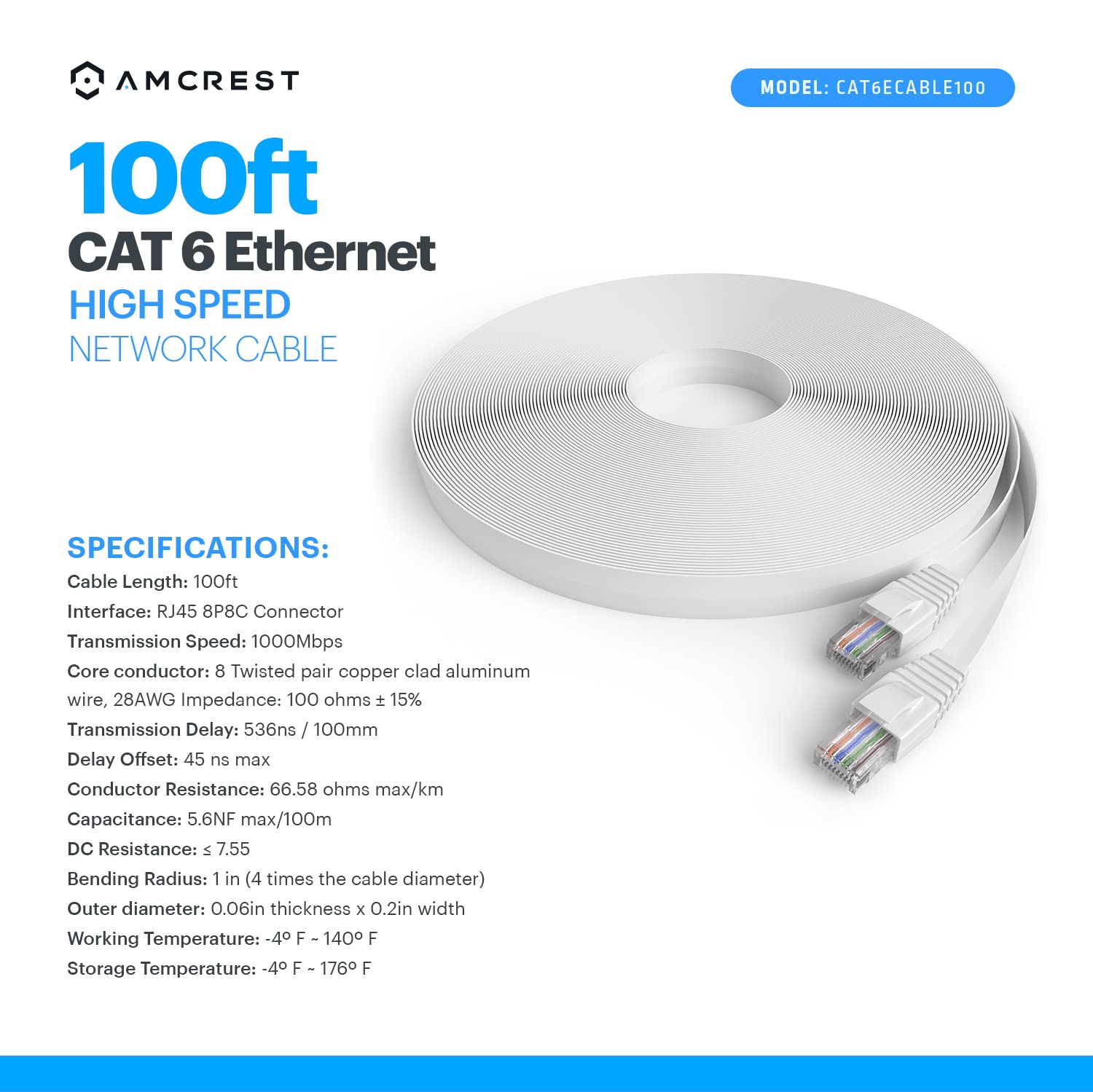 Amcrest CAT6E 4K-Rated Video POE Ethernet Cable 100ft Internet High Speed Network Cable for PoE Security IP Cameras, Smart TV, PS4, Xbox One, Router, Laptop, Computer, Home (CAT6ECABLE100)