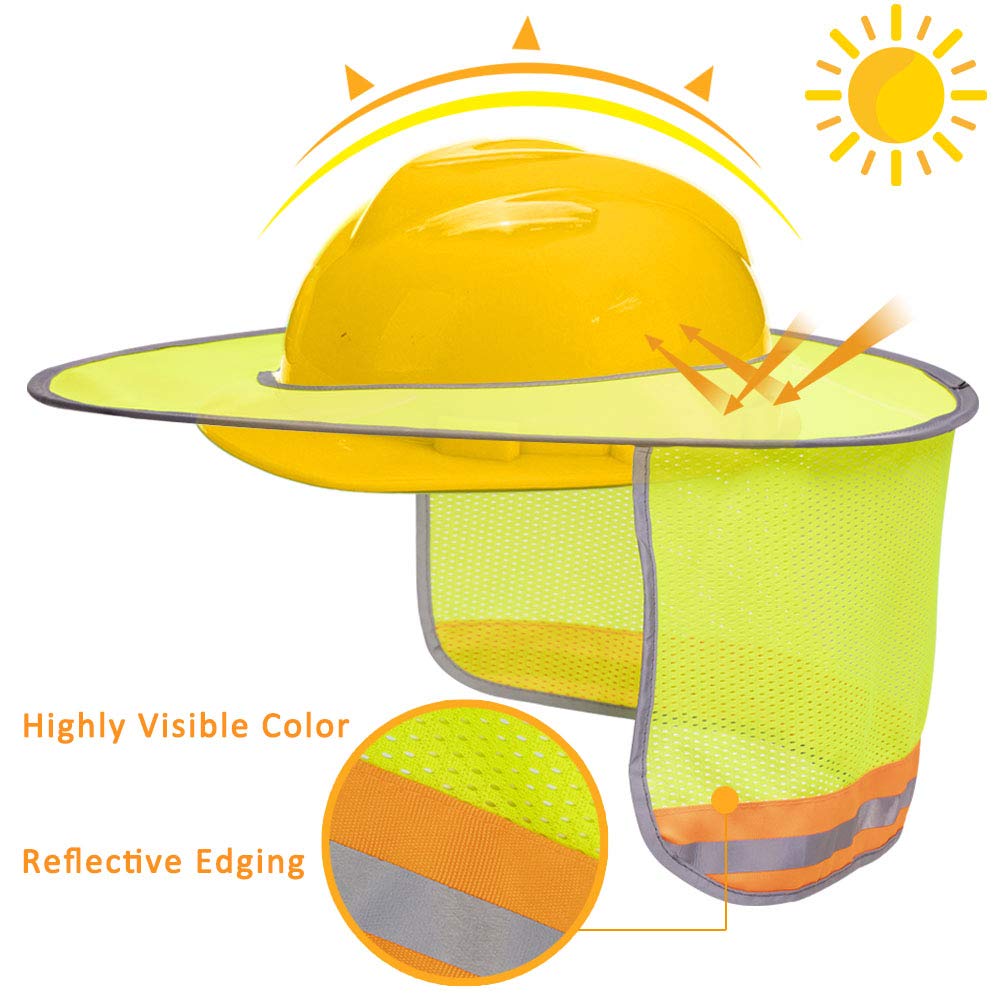 2 Pack Hard Hat Sun Shade, Llamaababie Full Brim Mesh Neck Shield for Construction Helmets, Sun Visor with High Visibility & Reflective Strip (Hard Hat Not Included) (Yellow 2PC)