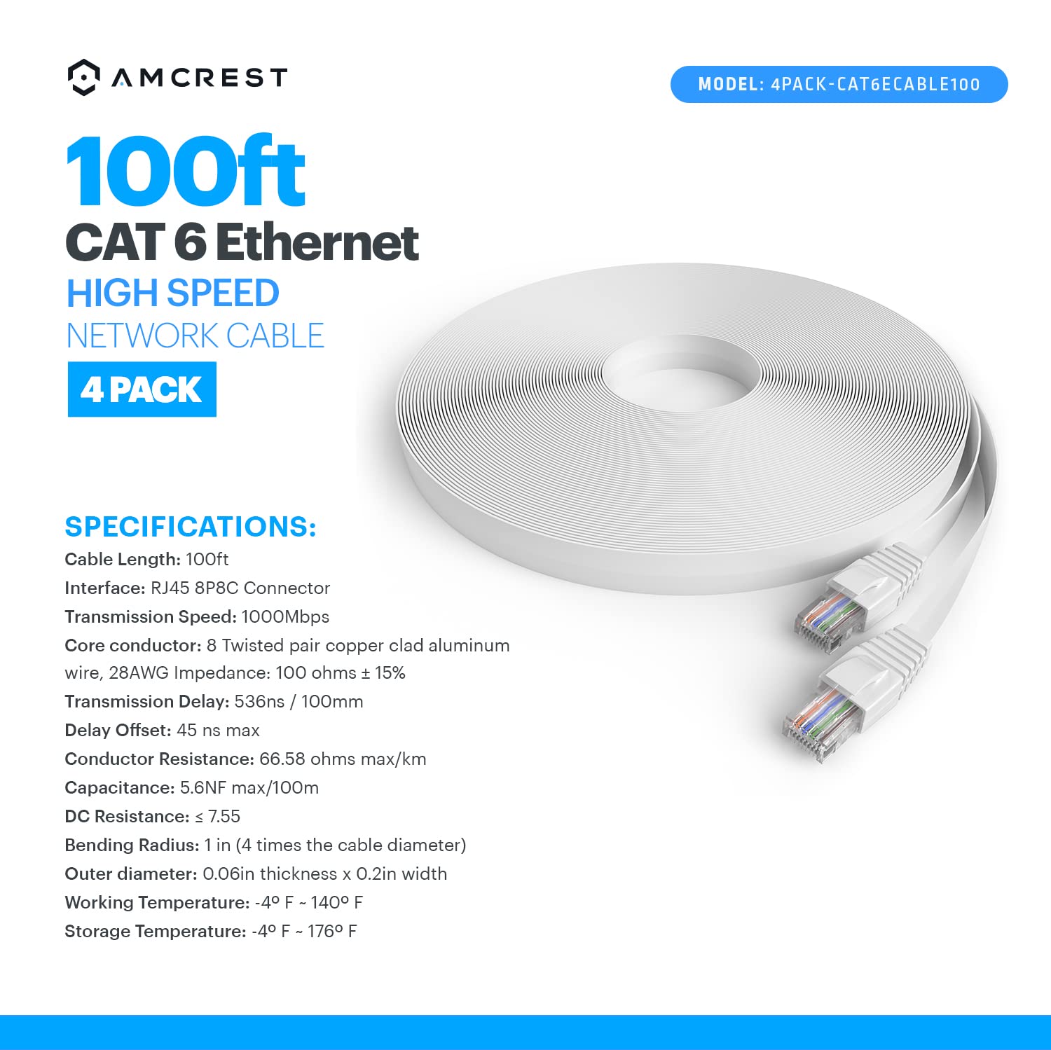 Amcrest CAT6E 4K-Rated Video POE Ethernet Cable 100ft Internet High Speed Network Cable for PoE Security IP Cameras, Smart TV, PS4, Xbox One, Router, Laptop, Computer, Home (4PACK-CAT6ECABLE100)