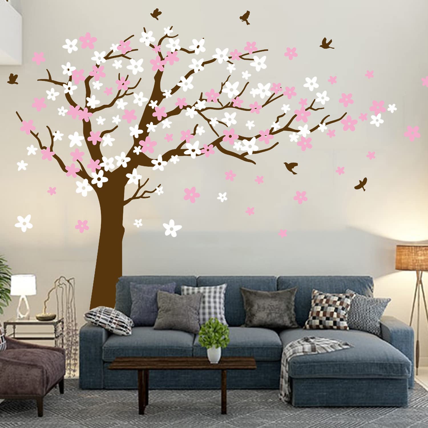 AIYANG Large Cherry Tree Wall Decals White Pink Cherry Blossom Flower Tree Branch Wall Stickers Baby Nursery Bedroom Living Room Decoration (Brown)