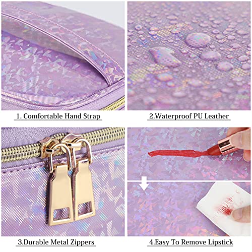 Lubardy Makeup Bag Leather Cosmetic Bag Waterproof Makeup Pouch Portable Makeup Travel Bag Multifunctional Cosmetic Organizer Bag for Women, 3-Pack, Purple