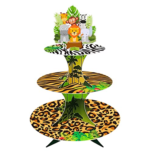 3 Tier Jungle Safari Cupcake Stand, Wild Animal Dessert Holder for Forest Jungle Safari Birthday Baby Shower Sage Green Party Decorations Supplies for 24 Cupcakes