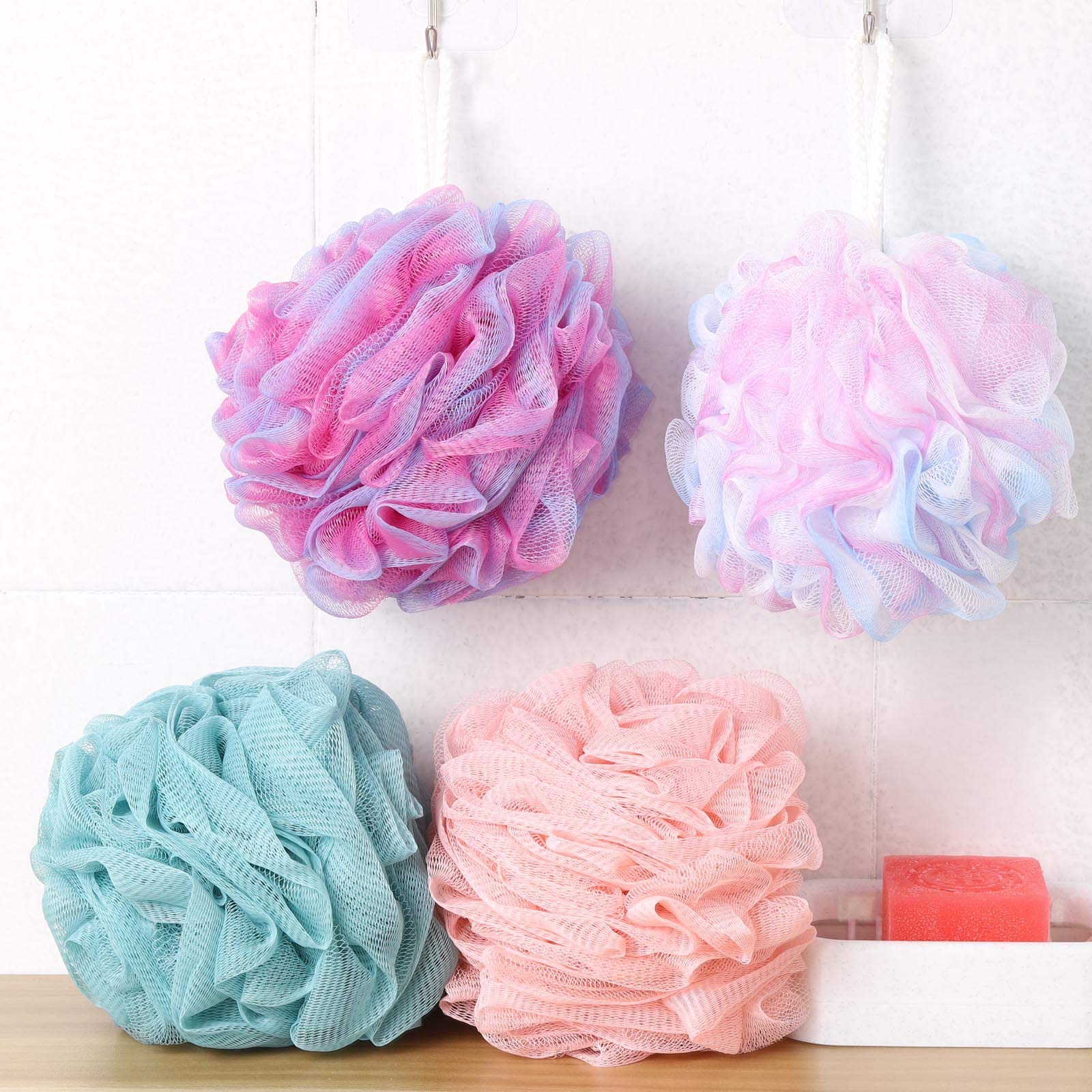 BTYMS 4 Pieces Shower Loofahs Exfoliating Sponge Body Scrubber 75g/pc Bath Puffs Shower Scrunchies Bathing Sponges for Women and Men