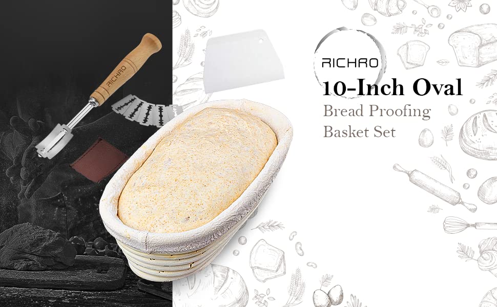 2 Pack 10 Inch Oval Bread Proofing Basket for Sourdough Bread - Bread Basket Baking Bowl With Bread Lame & 5 Blades,Dough Scraper and Linen Liner Cloth Banneton Proofing Basket for Home Bakers