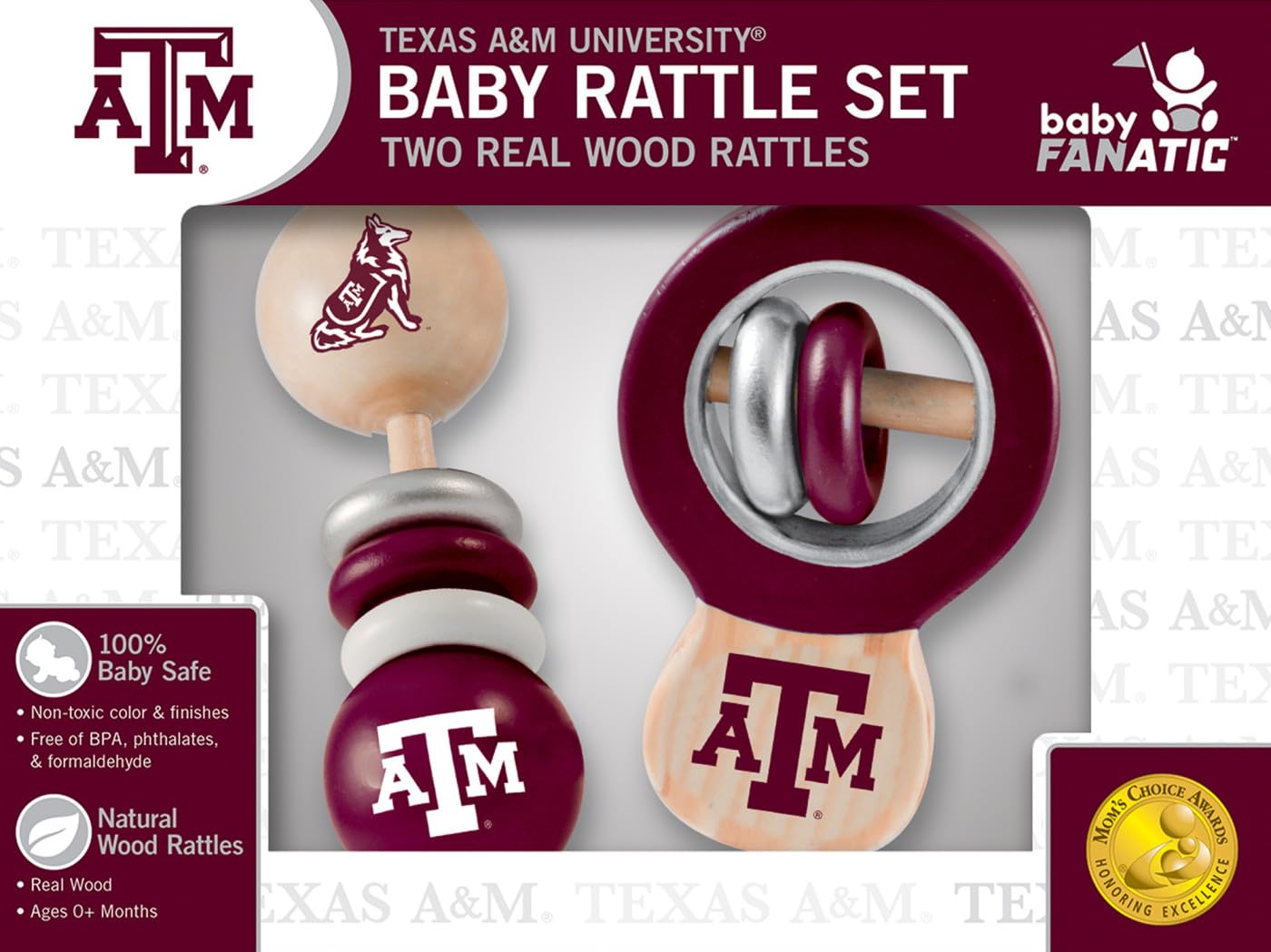 BabyFanatic Wood Rattle 2 Pack - NCAA Texas A&M Aggies - Officially Licensed Baby Toy Set