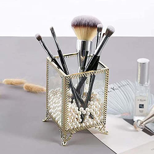 Makeup Brush Holder Vintage Glass Handmade Organizer with White Pearls for Nail Brush, Vanity, Bathroom, Dresser, Countertop - Gold