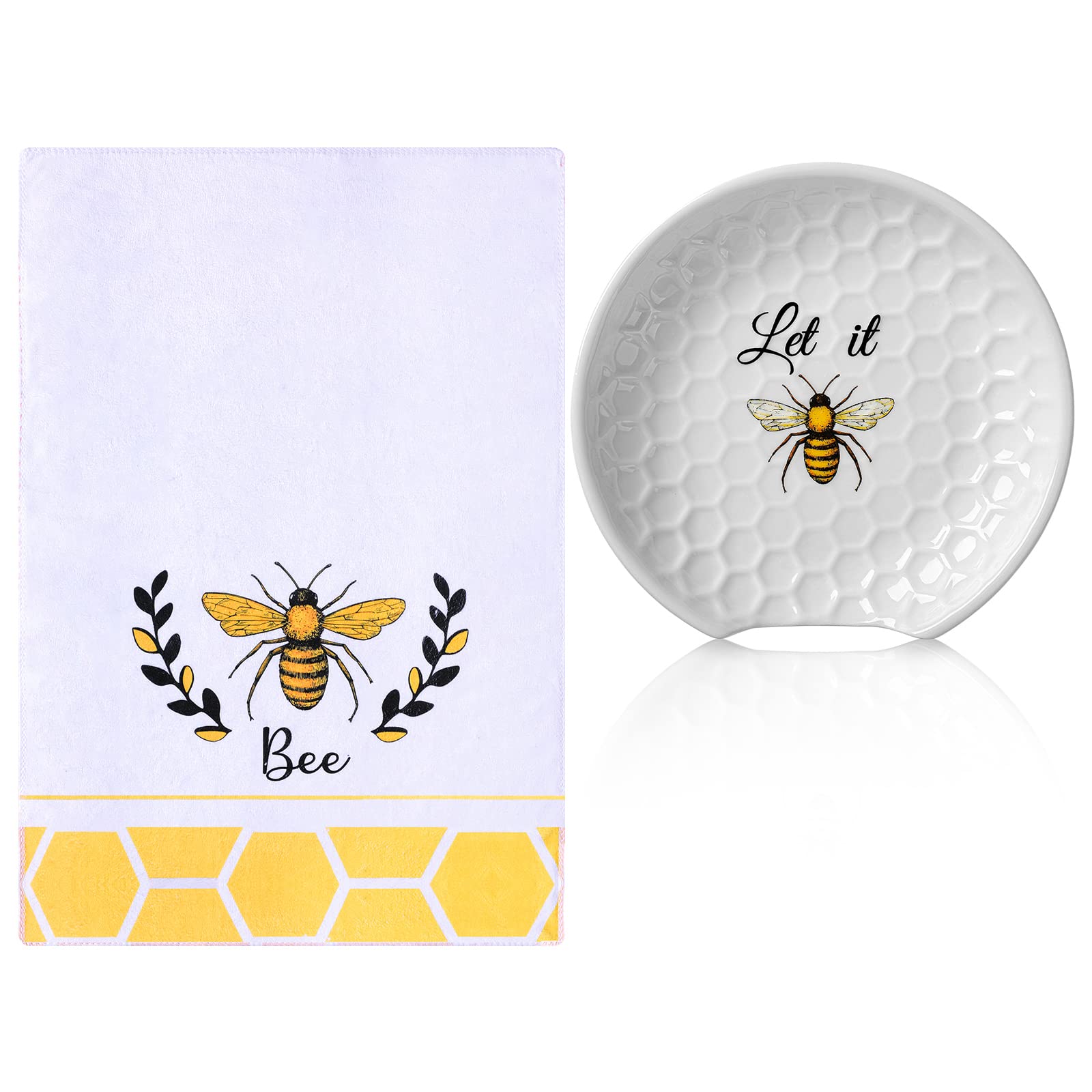 2 Pcs Bee Ceramic Spoon Rest and Bee Kitchen Towel Set Bee Kitchen Decor Set 5'' Bee Theme Spoon Holder Absorbent Tea Towels 16 x 24'' Honeycomb Dish Towels Kitchen Utensil Rest for Honey Bee Gift