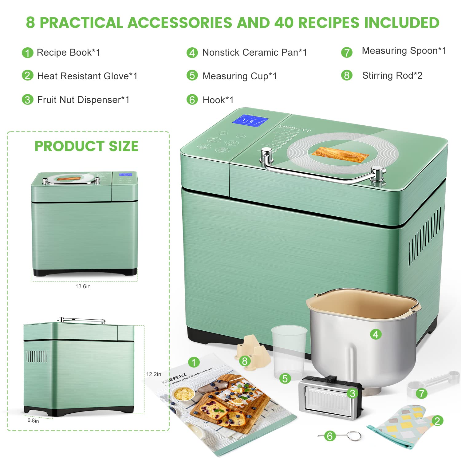17-in-1 Bread Maker with Dual Heaters, 2.2LB Larger Bread Machine With Non-Stick Ceramic Pan & Auto Fruit Dispenser, Full Stainless Steel Bread Maker Machine Full Touch Panel, 15H Timer & Keep Warm